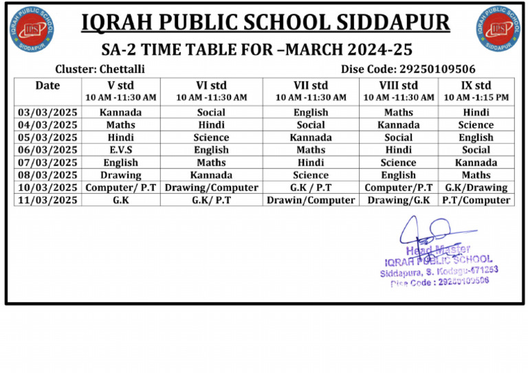 Sa2 Time Table 5TH To 9TH | PDF