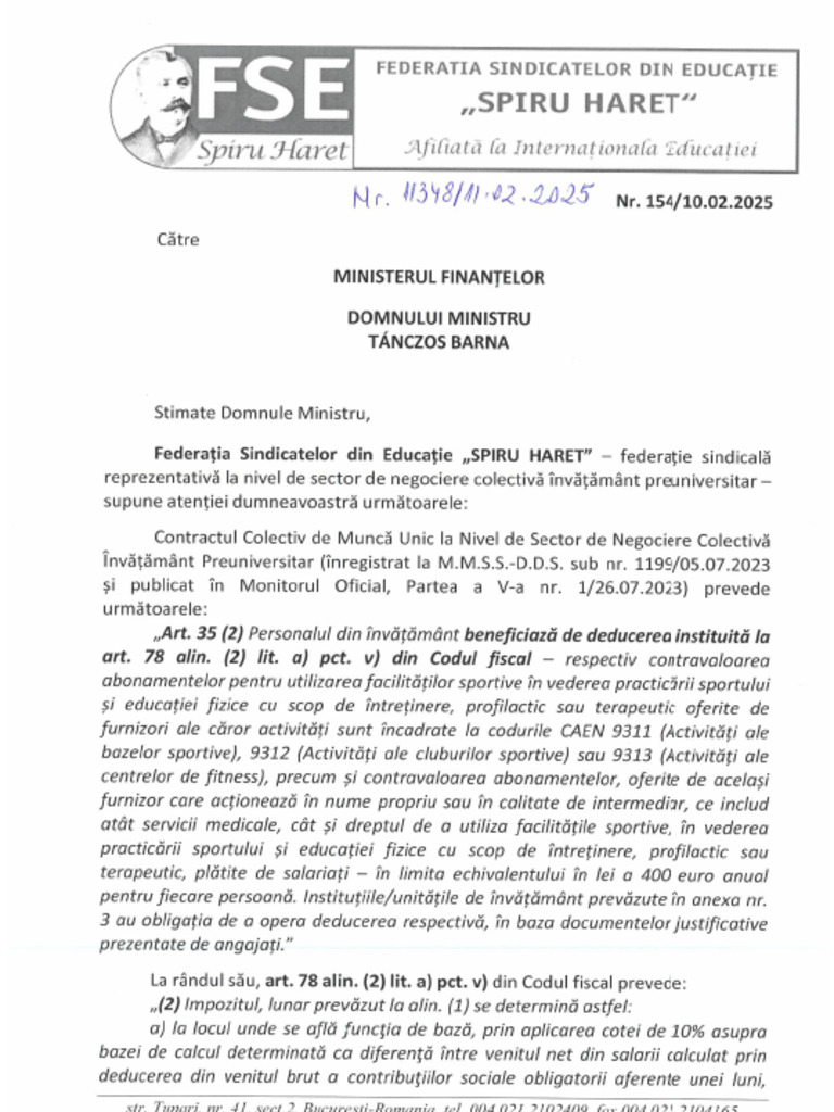Adresa FSESH-MF - Aplicare Deducere Abonamente Sport | PDF
