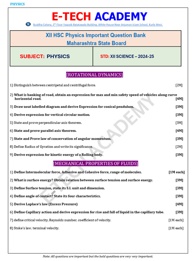 XII HSC Physics Important Questions | PDF | Electromagnetic Induction | Magnetic Field