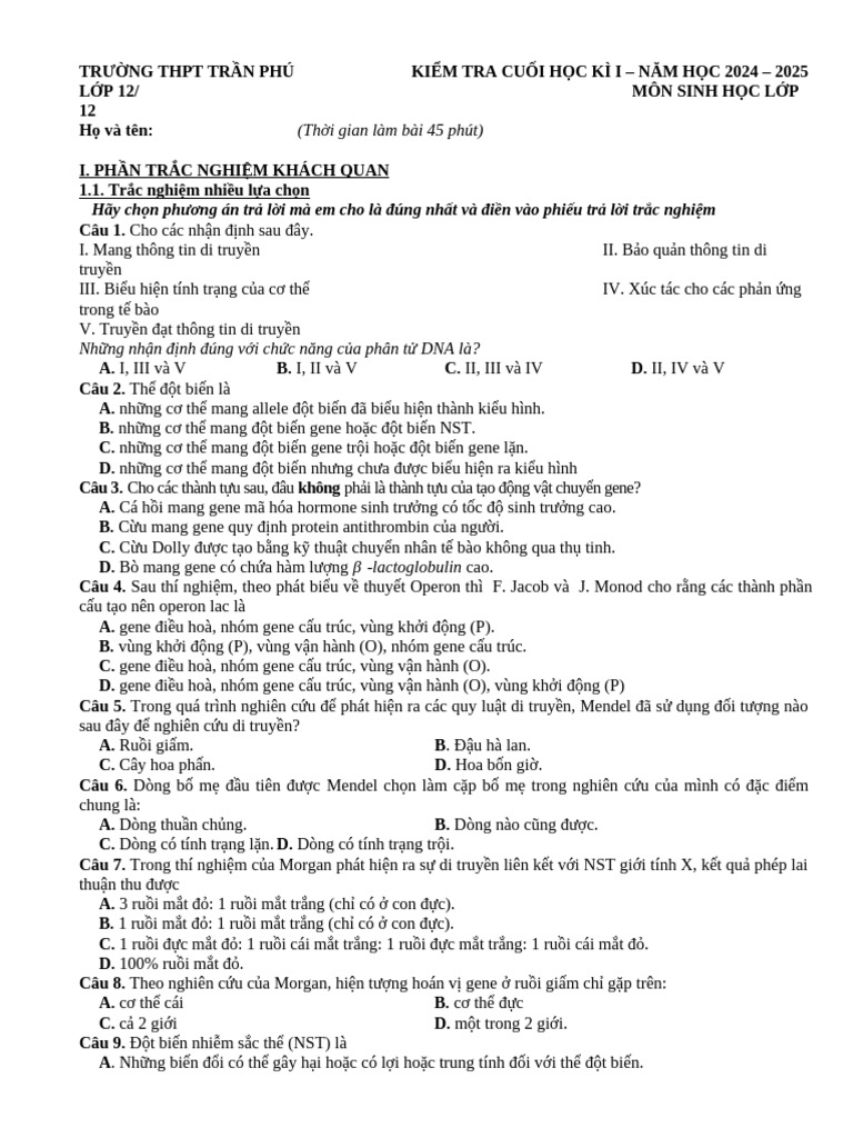 ktra cuối kì 1 lớp 12 (1) | PDF