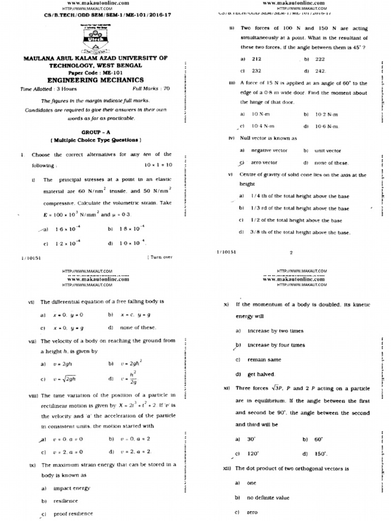Btech Me 101 Mechanical Sciences 2017 | PDF
