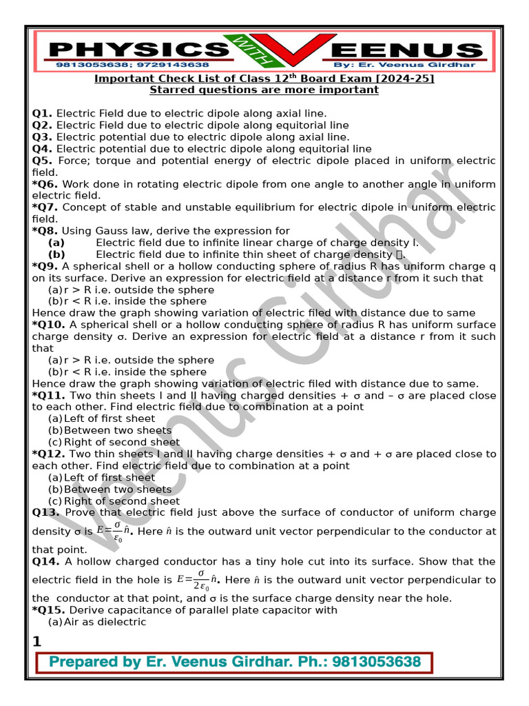Important Derivations of Class 12th Board Exam | PDF | Electric Field | Sphere