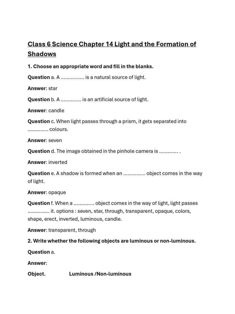 Class 6 Light, Shadows, and Reflection Notes | PDF | Shadow | Light