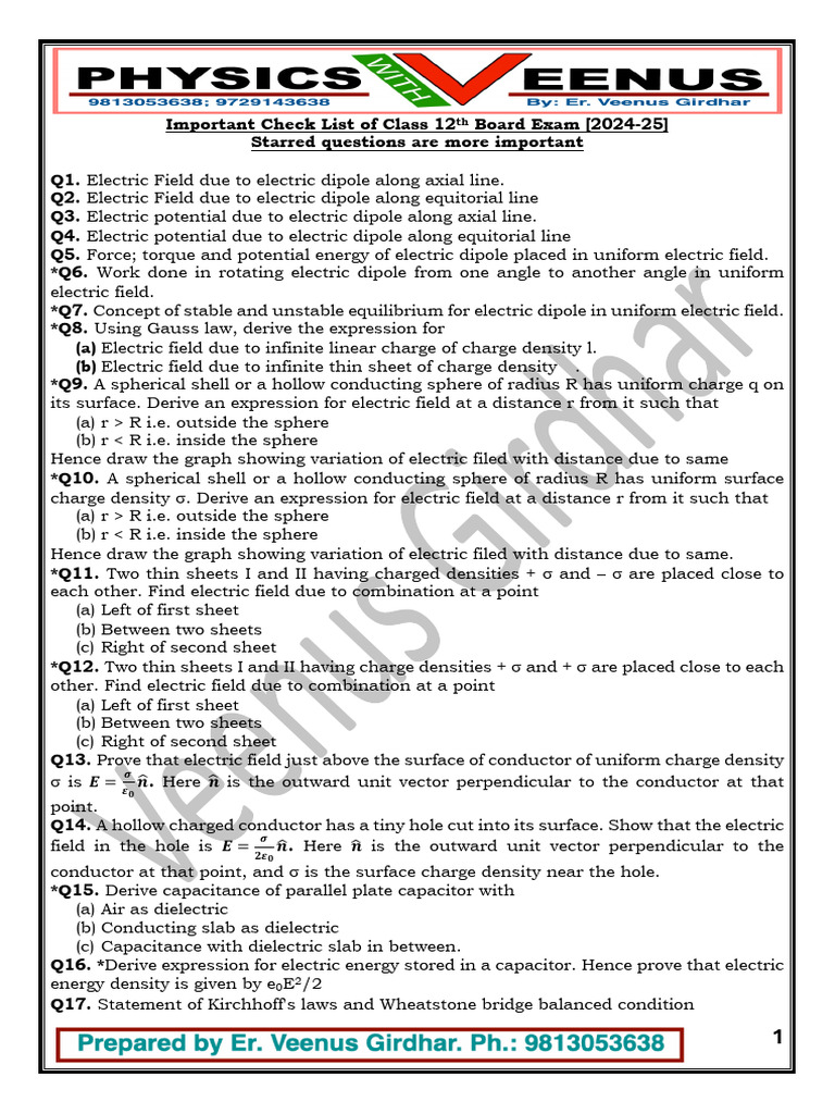 Important Derivations of Class 12th Board Exam | PDF | Electric Field | Sphere