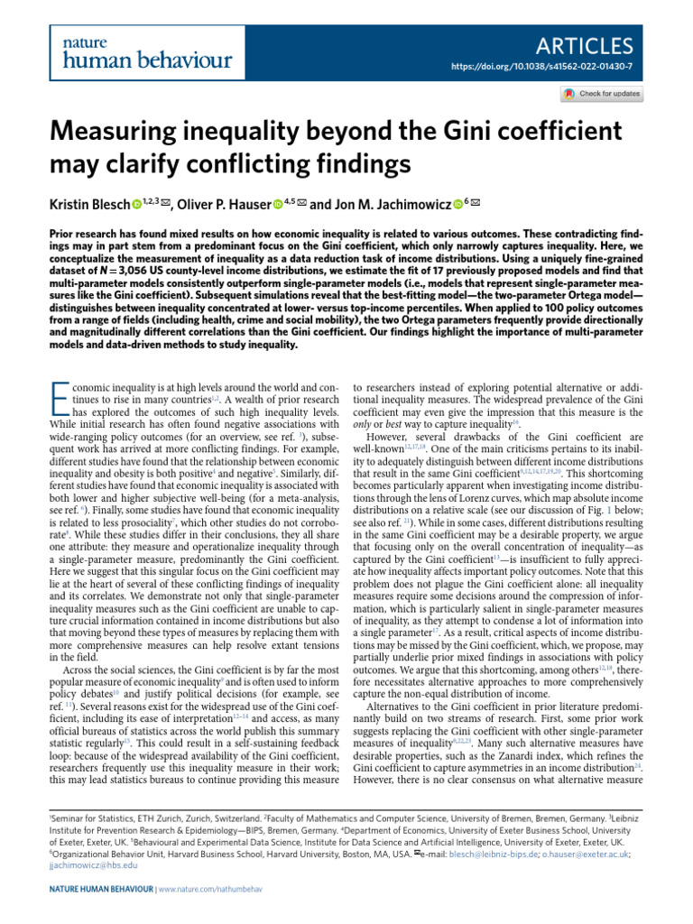 Measuring Inequality Beyond The Gini Coefficient May Clarify Conflicting Findings | PDF | Gini ...