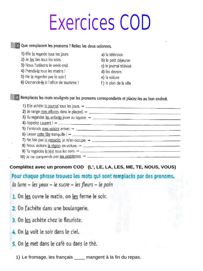Exercices sur les pronoms COD | PDF
