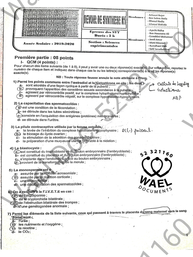 Devoir SVT Pilote Synthèse 1 Corrigé - SVT (2) | PDF