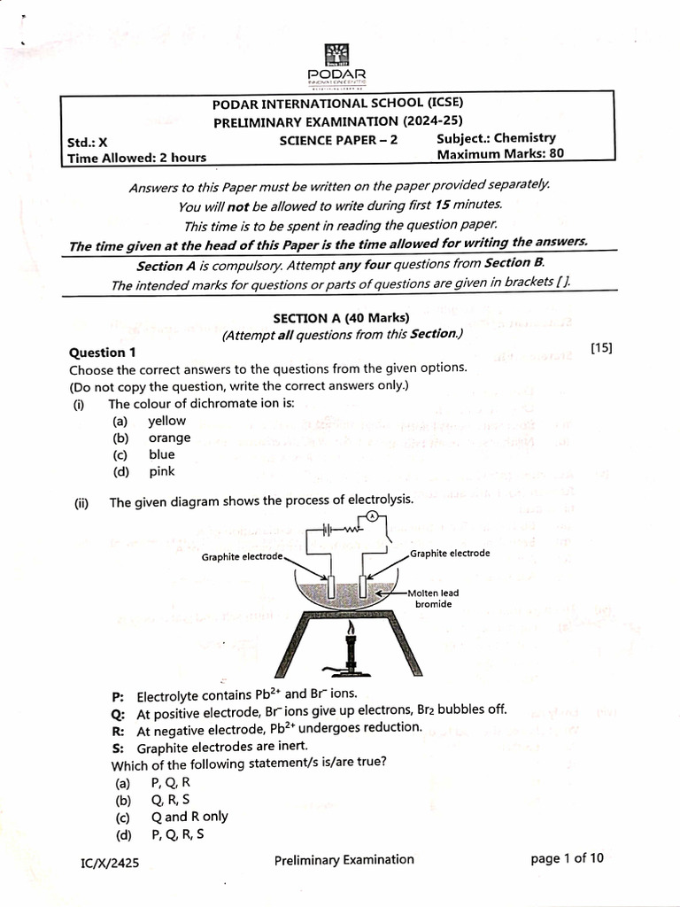 Ques Chemistry STD X Prelim 2 | PDF