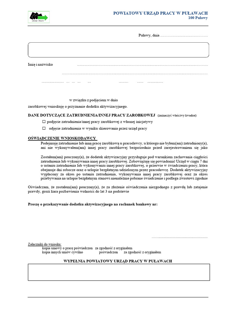 Wniosek o Dodatek Aktywizacyjny | PDF