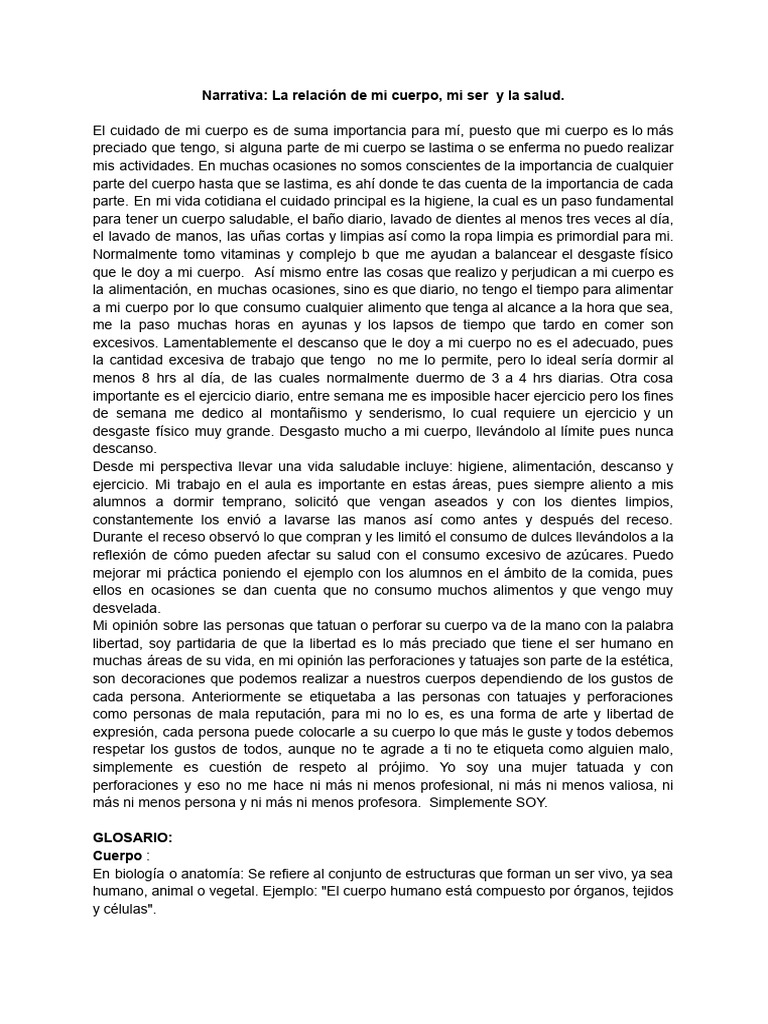 Narrativa - La Relación de Mi Cuerpo, Mi Ser y La Salud | PDF | Sicología