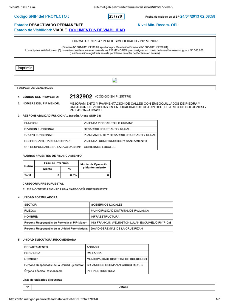 Ofi5.mef - Gob.pe Invierte Formato verFichaSNIP 257778 4 0 | PDF | Oferta (economía) | Mercado ...