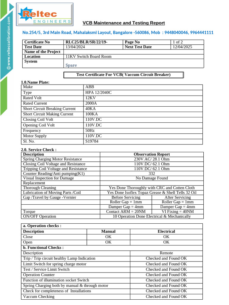 Sample VCB Test Report Format | PDF | Mains Electricity | Switch