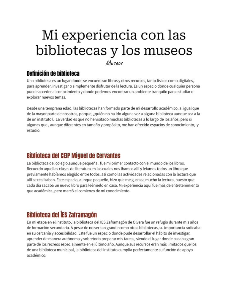 Mi Experiencia Con Las Bibliotecas y Los Museos | PDF | Museo | Pablo Picasso