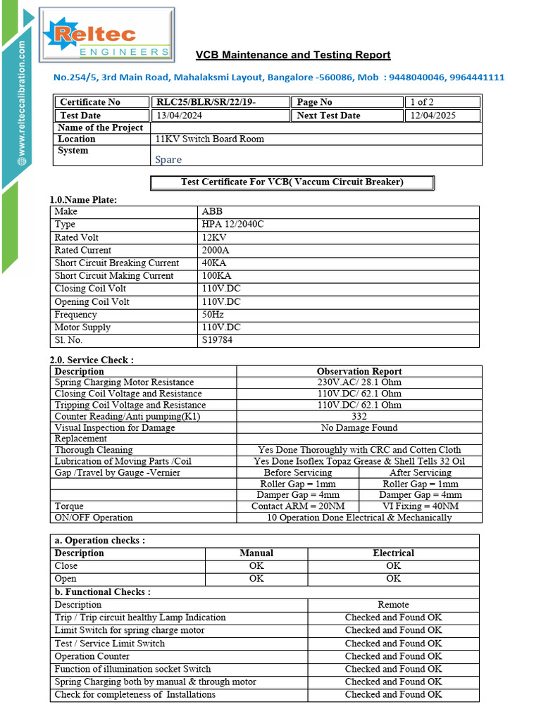 Sample VCB Test Report Format | PDF | Mains Electricity | Switch