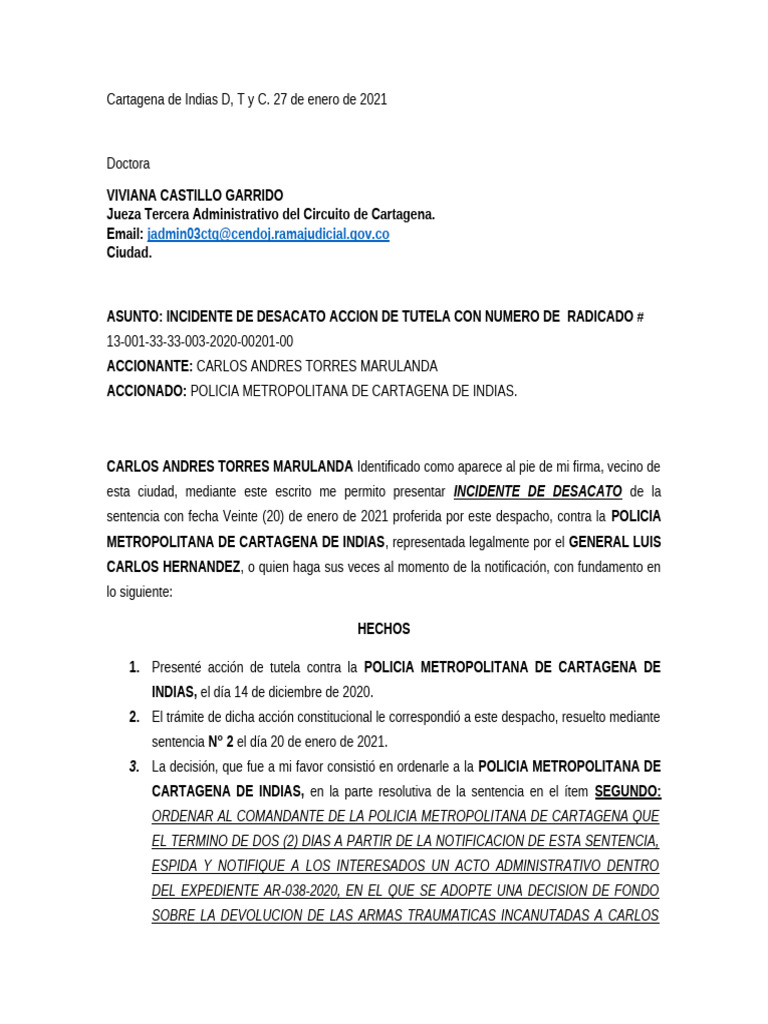 Incidente de Desacato en Tutela | PDF | Derecho Constitucional | Policía