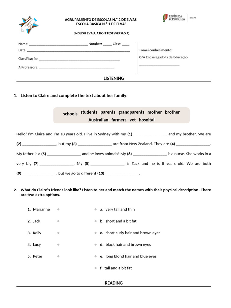 English Family Listening and Writing Test | PDF