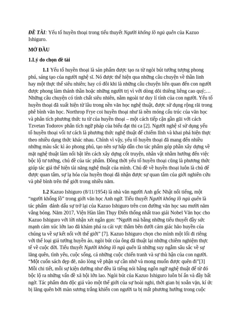 ĐỀ CƯƠNG KLTN ĐỀ TÀI YẾU TỐ HUYỀN THOẠI TRONG TIỂU THUYẾT NGƯỜI KHỔNG LỒ NGỦ QUÊN CỦA KAZUO ...
