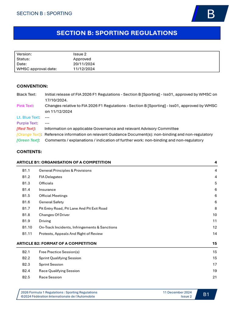 Fia 2026 f1 Regulations - Section B Sporting - Iss02 - 2024-12-11 | PDF ...