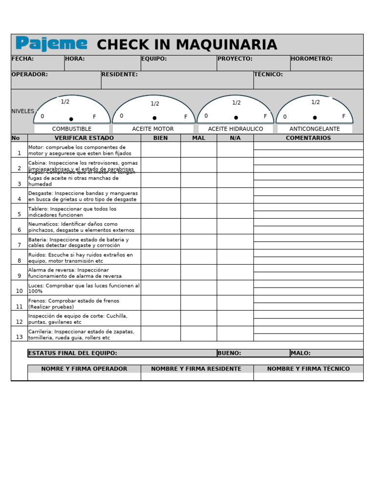 Formato de Check in | PDF | Motores | Motor de combustión interna