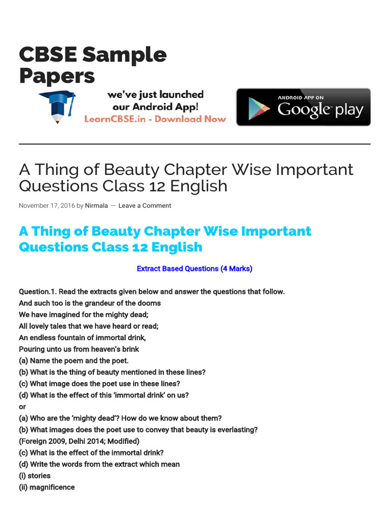 Important Questions on A Thing of Beauty | PDF | Beauty | Pleasure