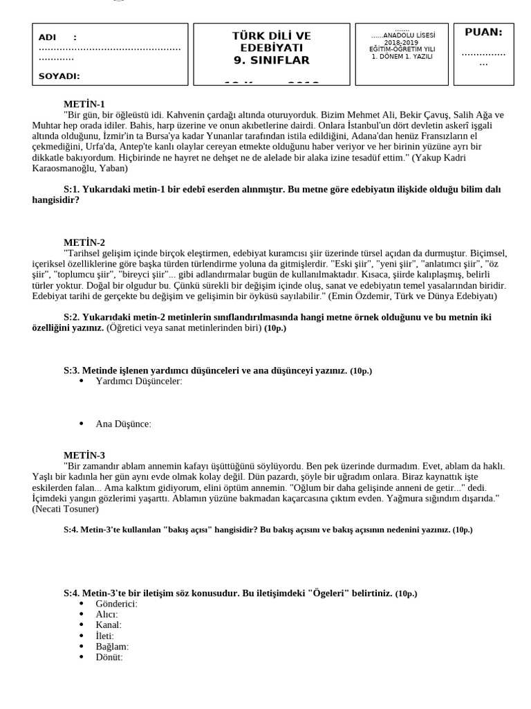 2018 2019 TDE 9.sinif 1.donem 1.yazili | PDF