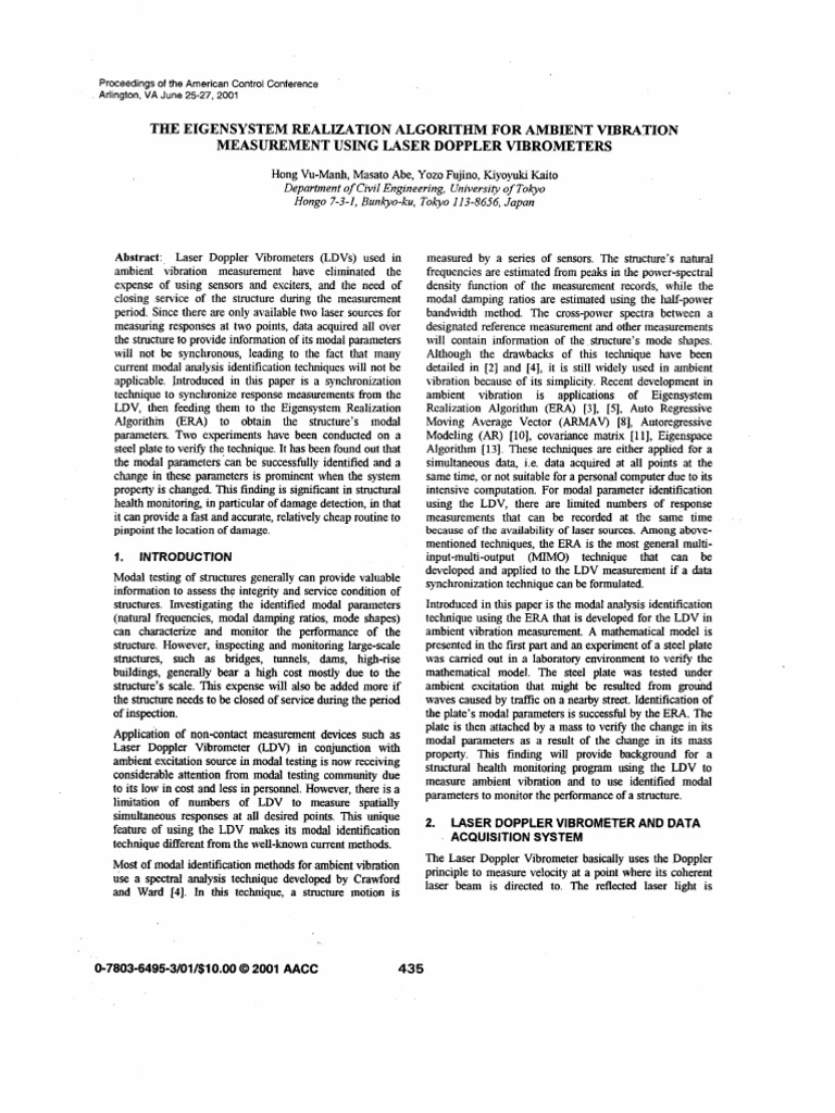 The Eigensystem Realization Algorithm For Ambient Vibration Measurement Using Laser Doppler ...
