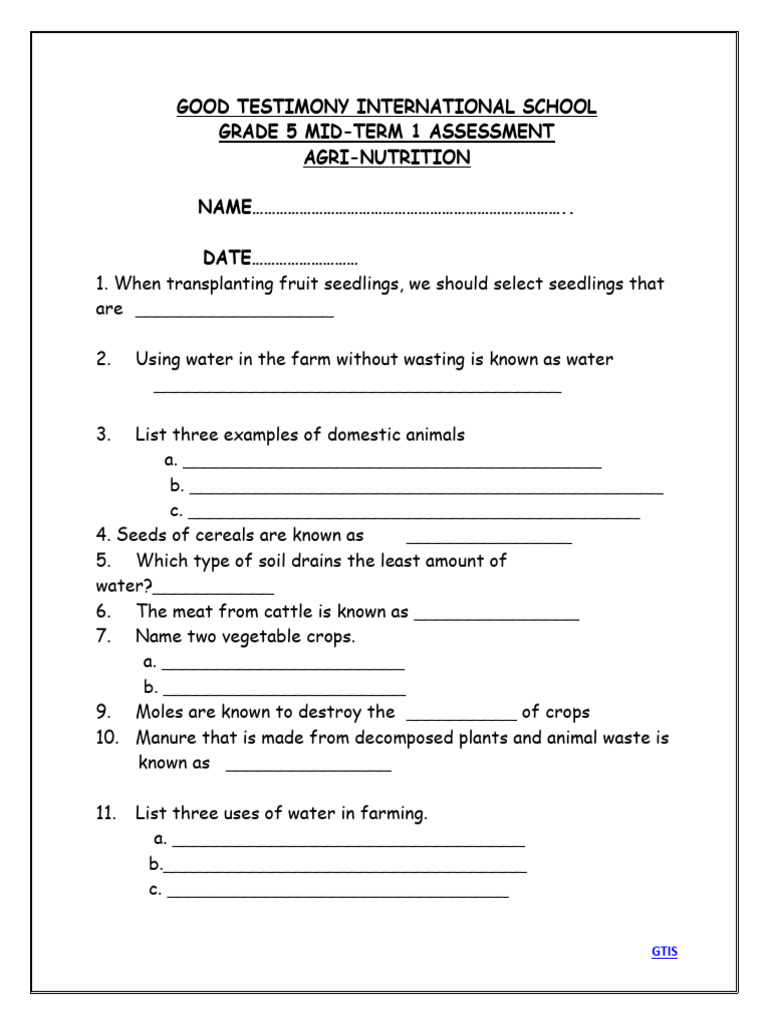 Grade 5 Agriculture Mid-Term Assessment | PDF