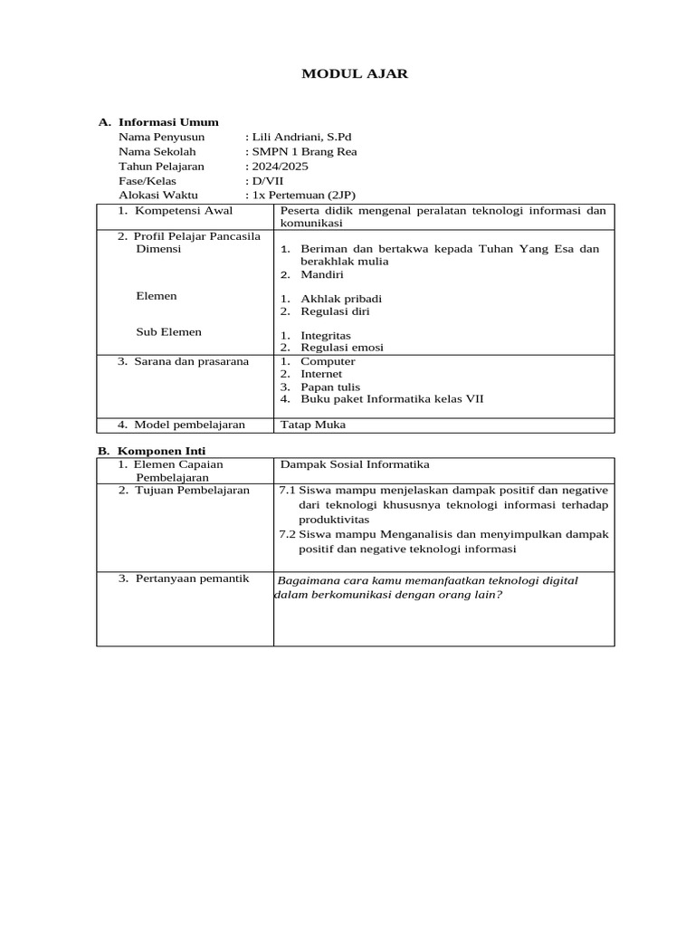 Modul Ajar Dampak Sosial Informatika | PDF