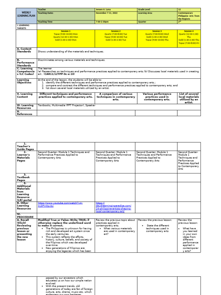1 CPAR Sections WLP Template | PDF | Learning | Teachers