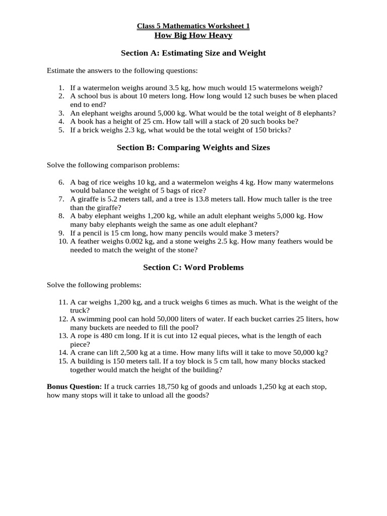 Class 5 Math: Size and Weight Estimation | PDF