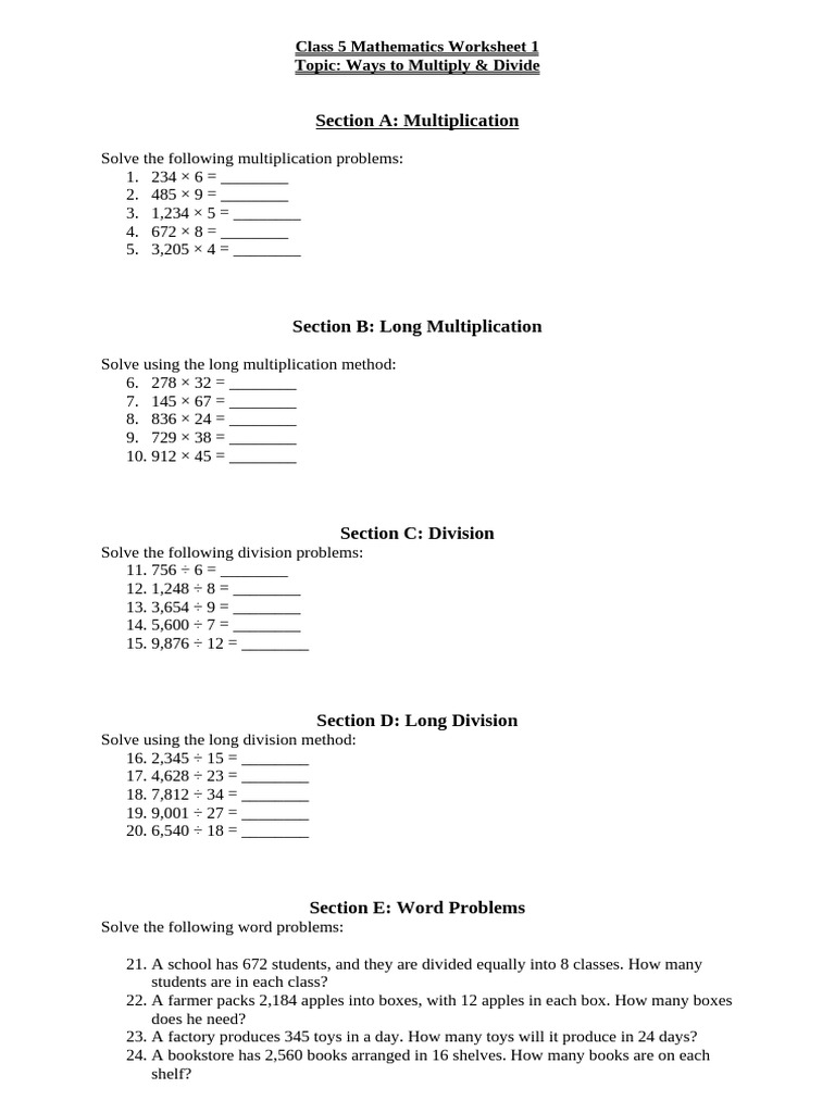 Long Division and Multiplication Worksheet | PDF