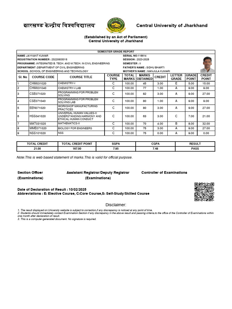 Jharkhand University Semester Grade Report | PDF