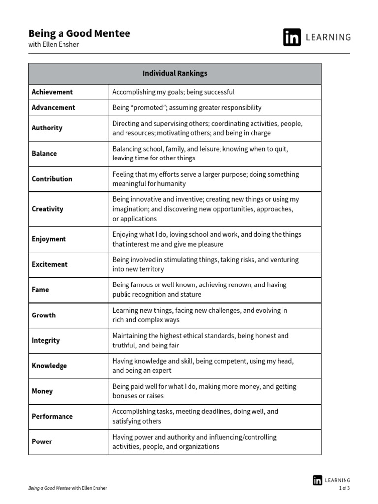 Individual Value Rankings | PDF | Mentorship | Behavior Modification