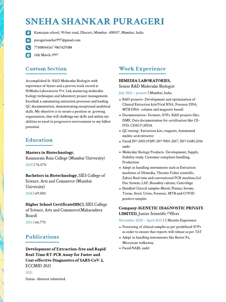 Sneha Shankar Purageri Resume | PDF | Molecular Biology | Polymerase Chain Reaction