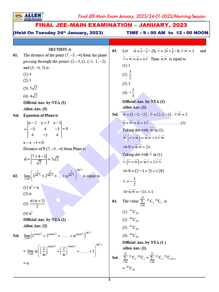 2401 Mathematics Paper+With+Solution Morning | PDF | Analytic Geometry ...