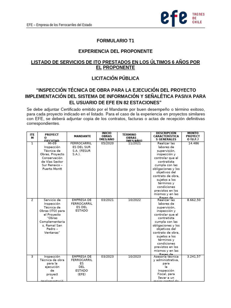 Formato Formulario T1 Experiencia Del Proponente | PDF | Transporte ferroviario