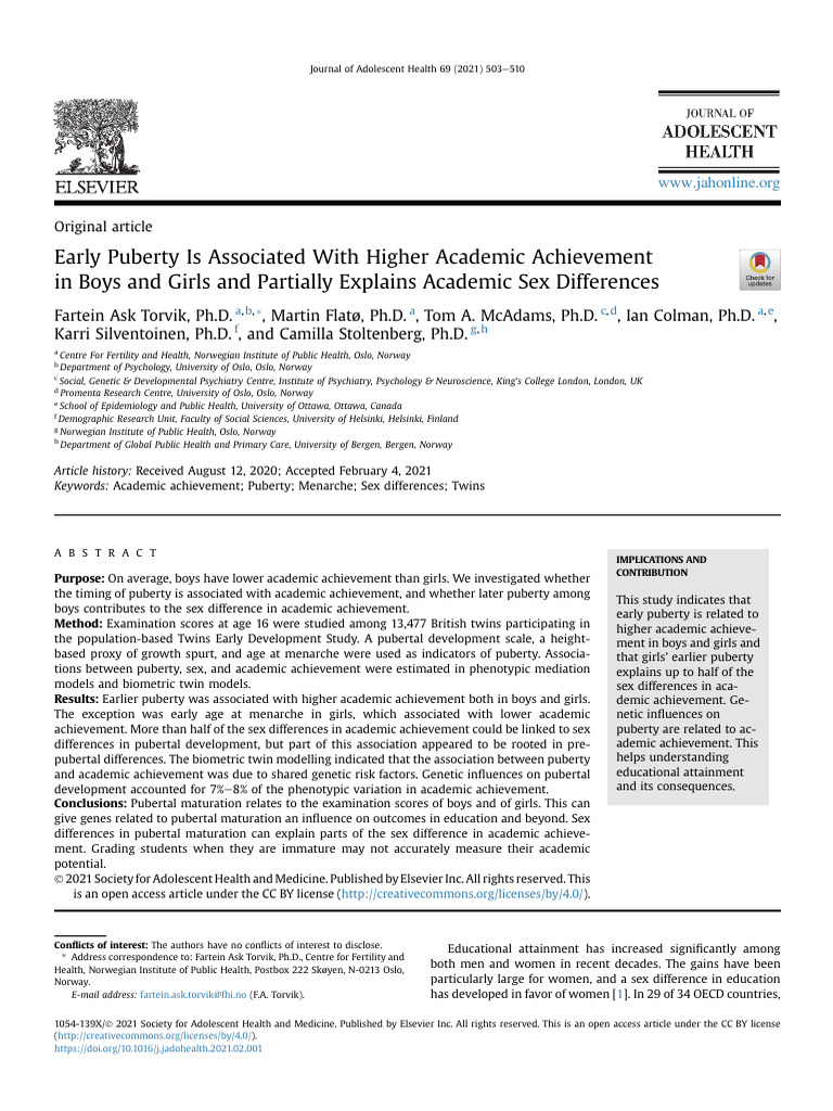 Early Puberty Associated With Higher Academic Achievement | PDF | Puberty | Adolescence