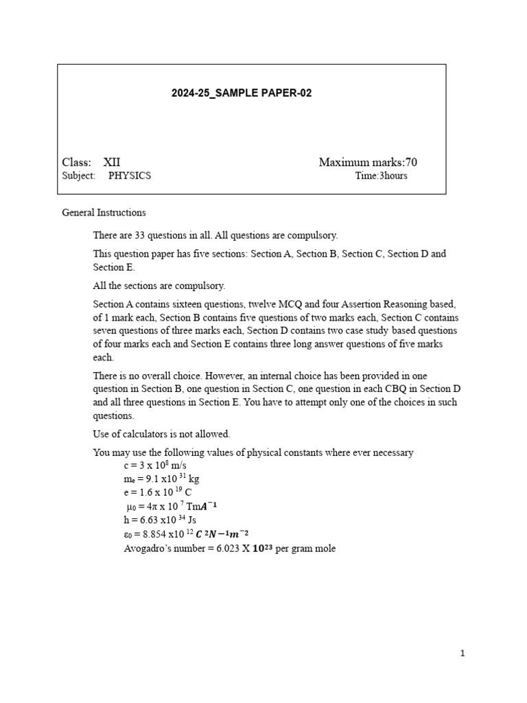 CLASS-XII - PHYSICS - Sample Paper - 02 | PDF | Waves | Capacitor