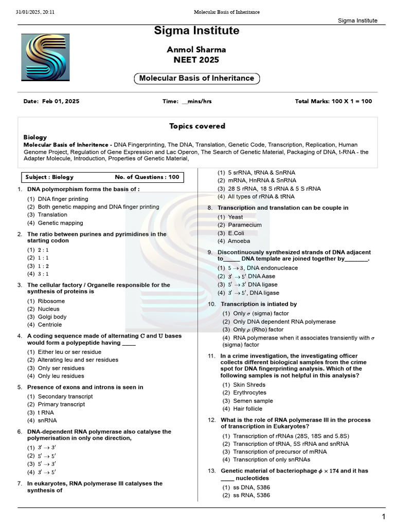 Molecular Basis of Inheritance QP | PDF | Gene | Dna