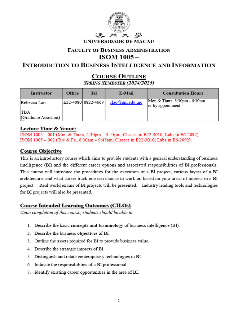 ISOM1005 Outline2025jan | PDF | Analytics | Business Intelligence