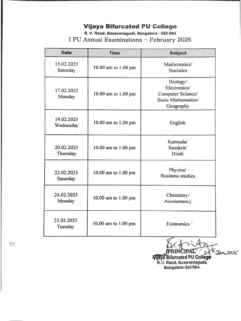 I PU Annual Examn Time Table | PDF