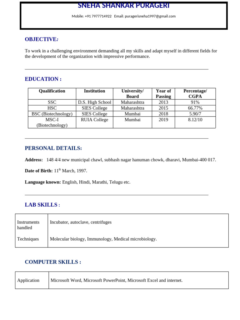 Sneha Shankar Purageri PREVIOUS CV | PDF | Mumbai
