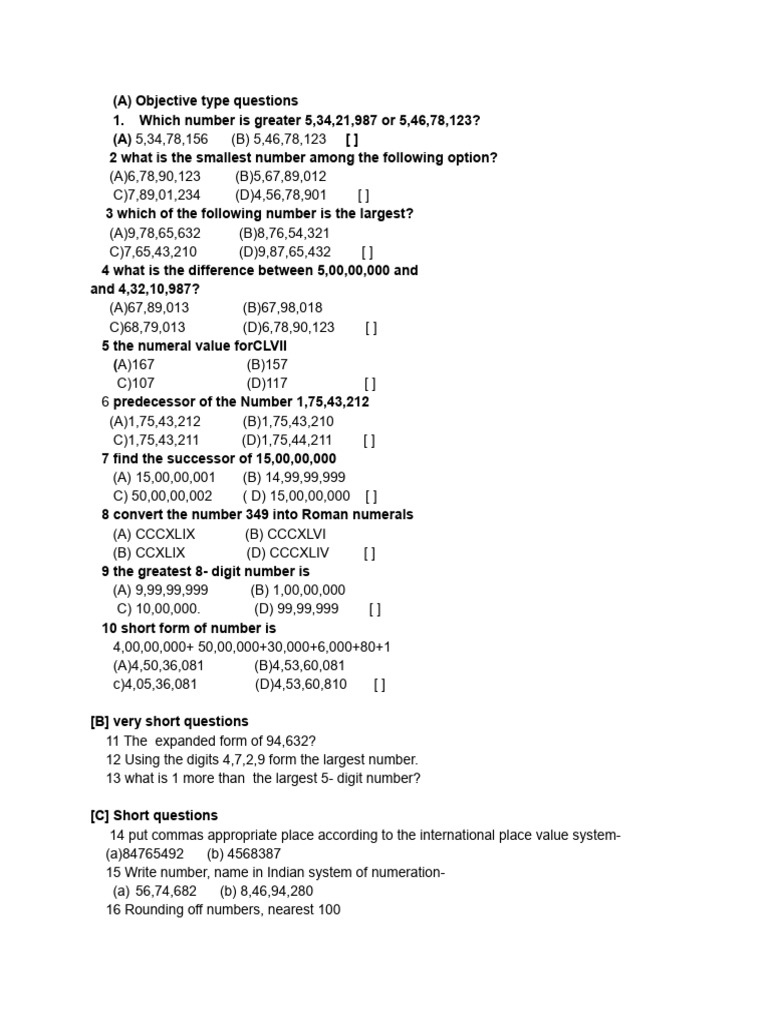 Objective Questions on Number Concepts | PDF