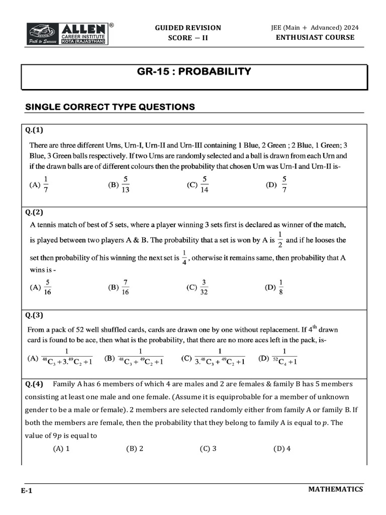 Probability JEE ADV + Mains Prep | PDF | Probability | Mathematics