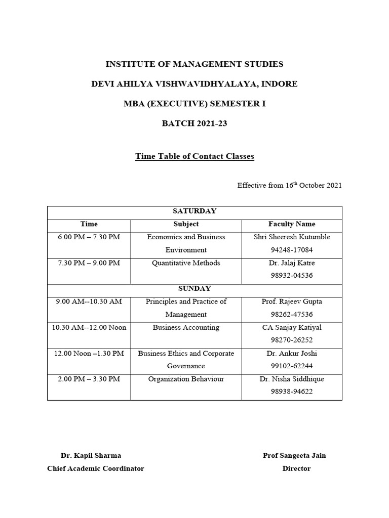 DAVV MBA 1st Sem Time Table 2021-23 | PDF