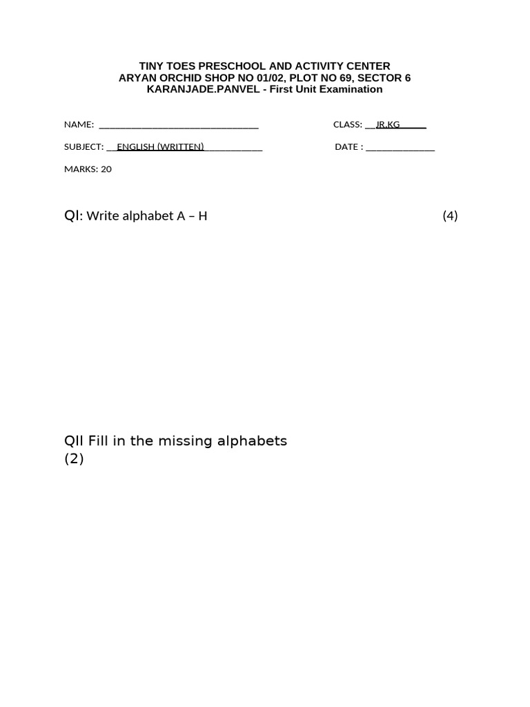 Jr. KG English Exam Paper | PDF