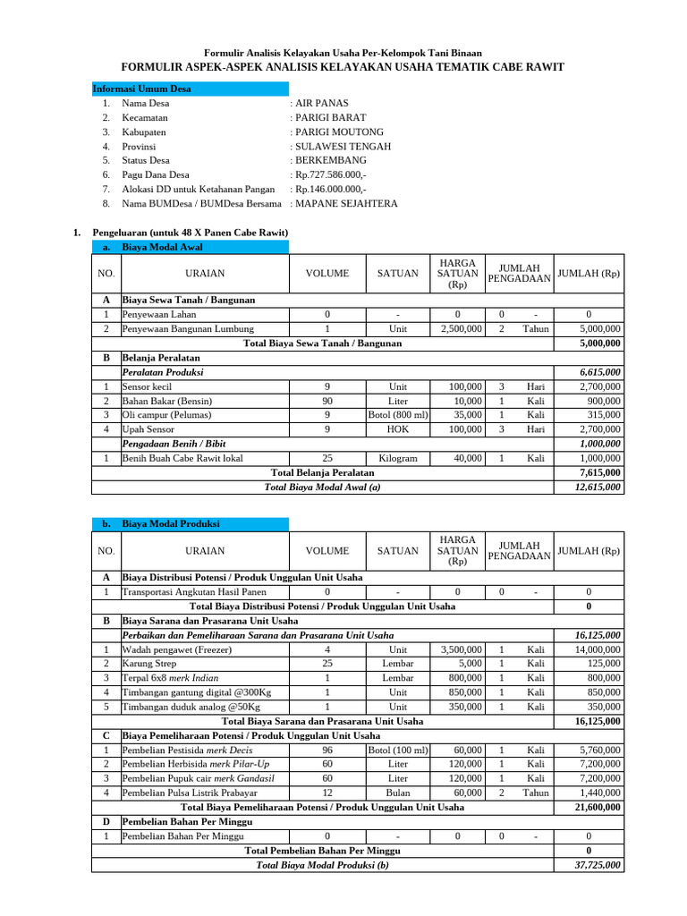 Formulir Analisis Kelayakan Usaha BUMDes - Mapane Sejahtera 2025 | PDF