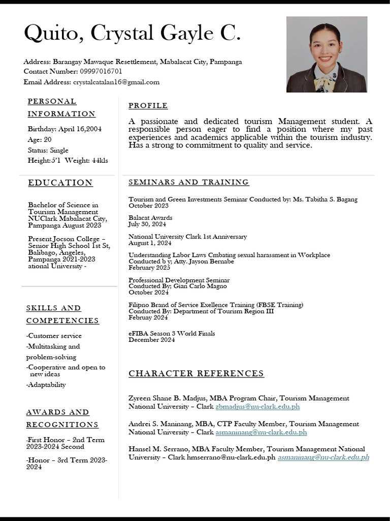 Crystal Gayle Quito: Tourism Student Profile | PDF