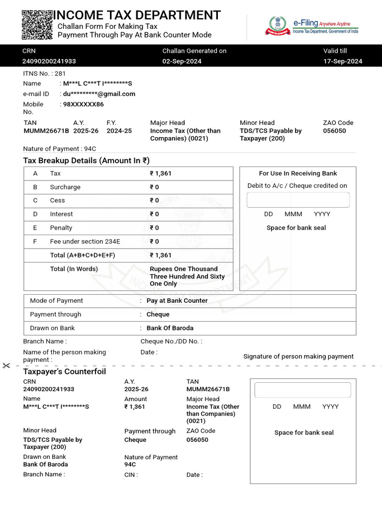 Income Tax Payment Challan Form | PDF | Cheque | Banks