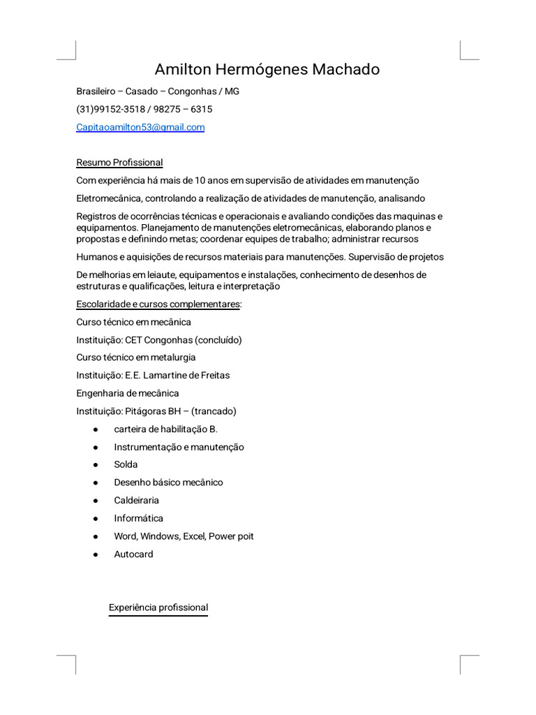 Amilton Hermógenes Machado Curriculo Vitai-4 | PDF | Engenharia Mecânica